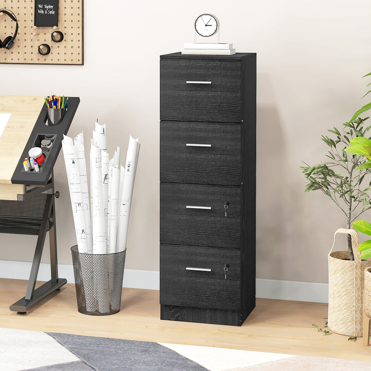Stylish 4-Drawer Filing Cabinet for Home Office - Black | HOMCOM