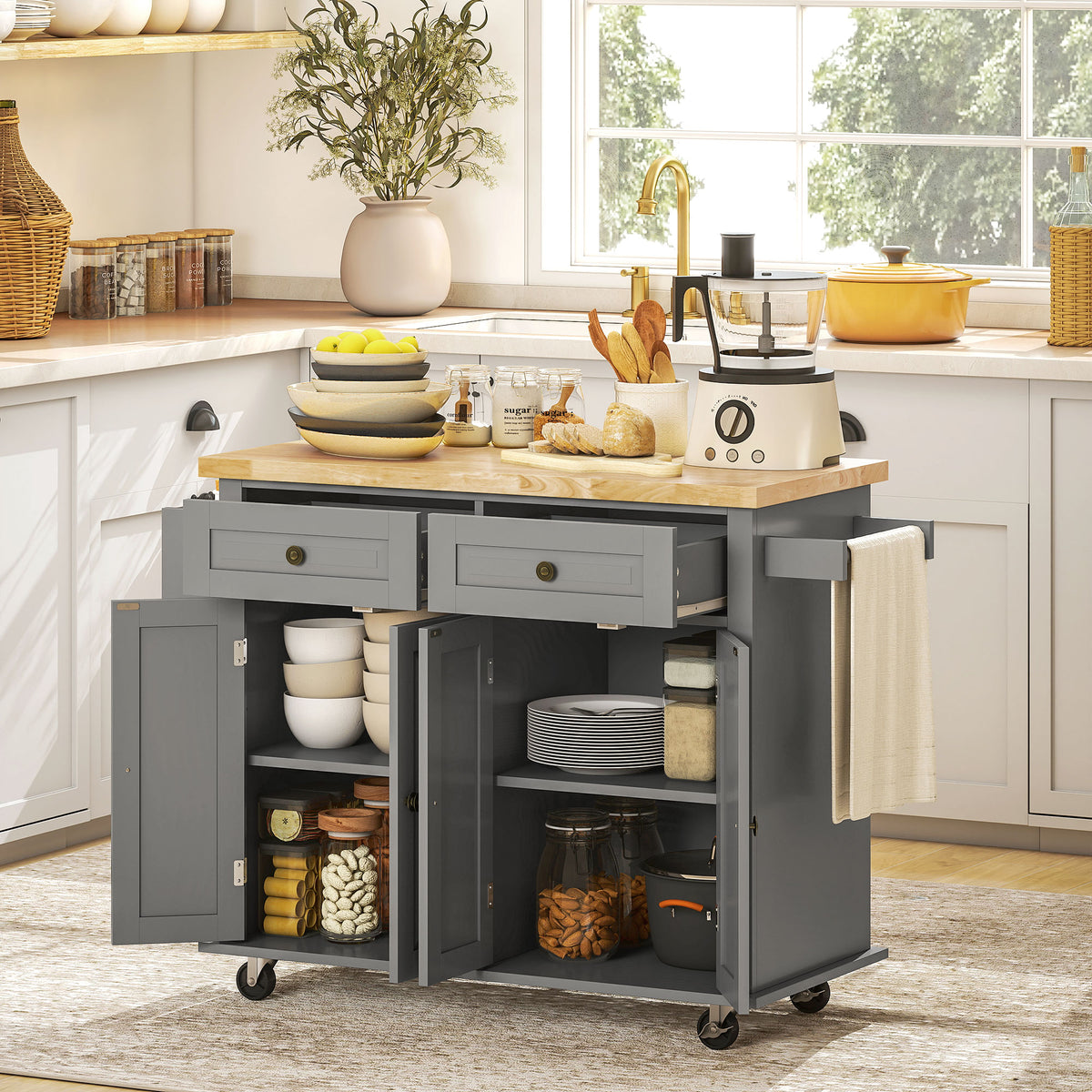 HOMCOM GlideSpace Rolling Kitchen Island, Rubberwood Top & Spice