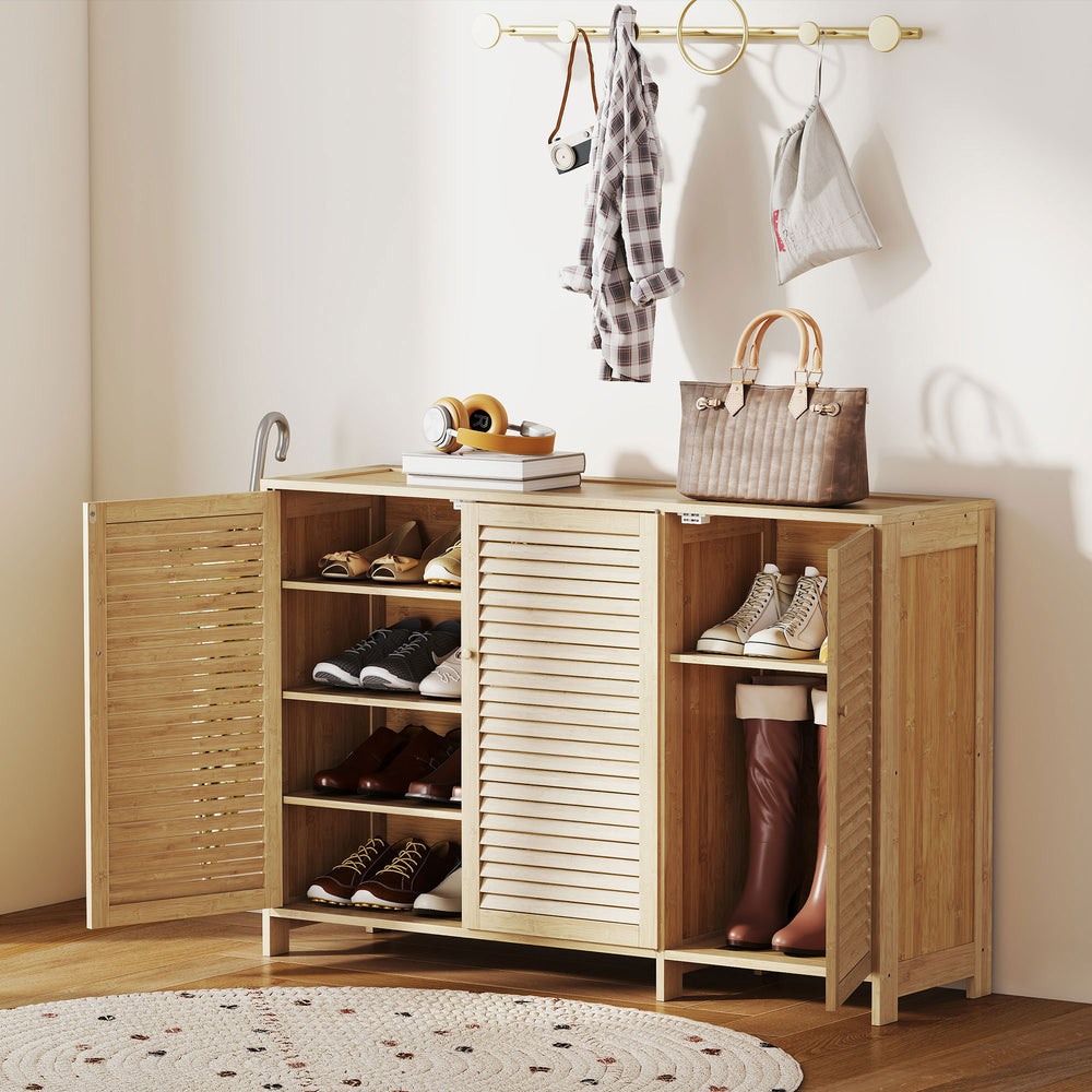 Bamboo Shoe Cabinet with Louvered Doors, Natural Finish | HOMCOM