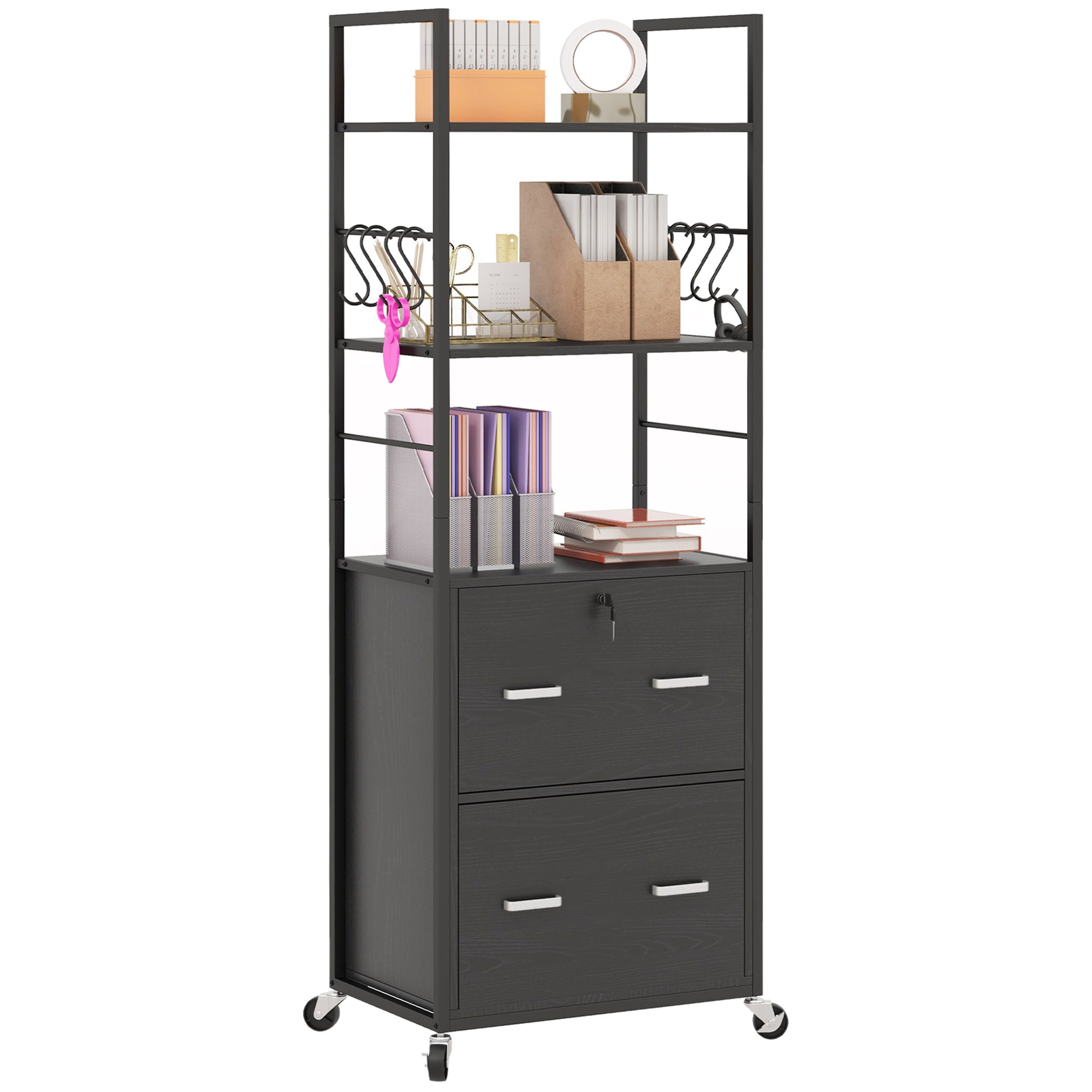 67.7" Tall Printer Stand w/ Storage Shelves & Hooks, 2-Drawer Lockable