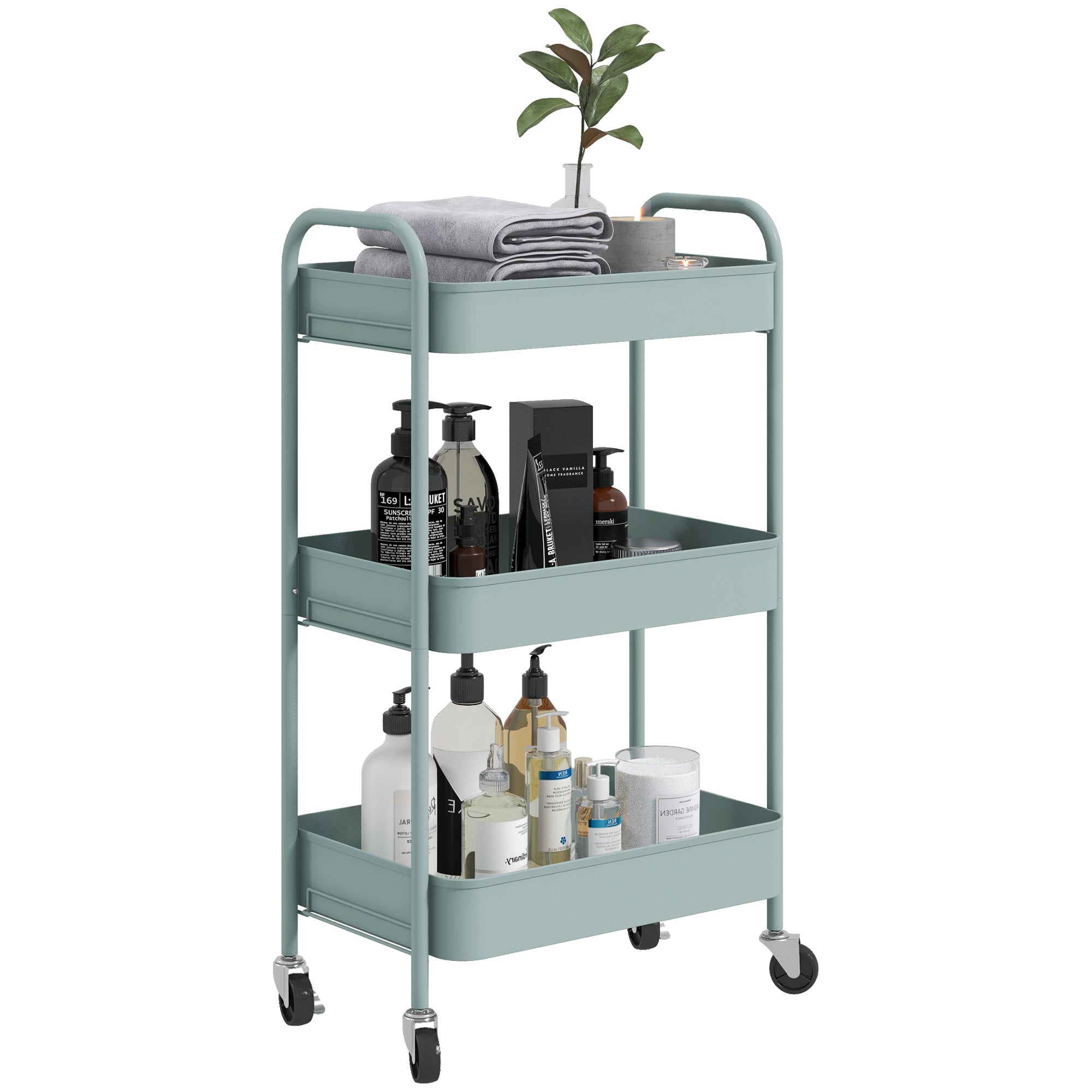 3-tier Storage Trolley on Wheels, Metal Storage Cart, Rolling Ultility