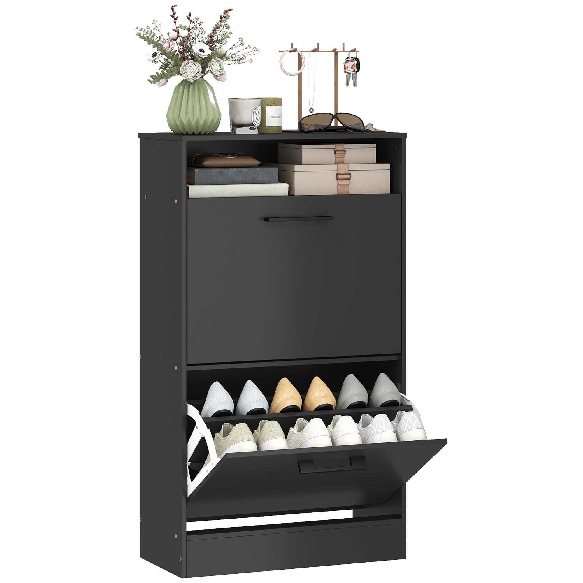 HOMCOM Narrow Shoe Cabinet with 2 Flip Drawers and Shelf, Black