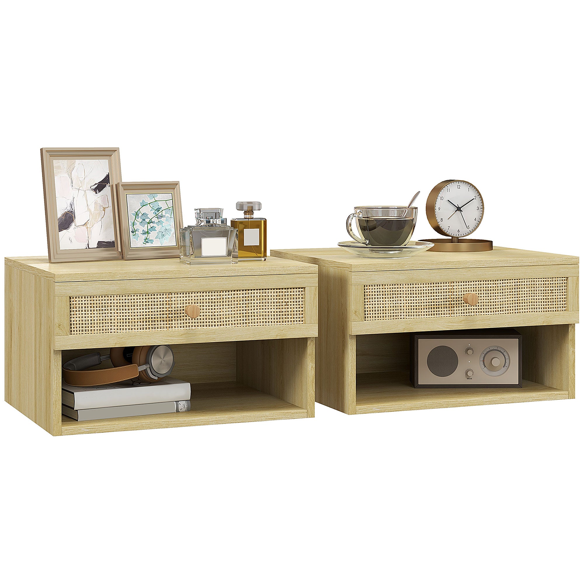 Floating Nightstand Set of 2, Wall Mounted Natural Wood | HOMCOM