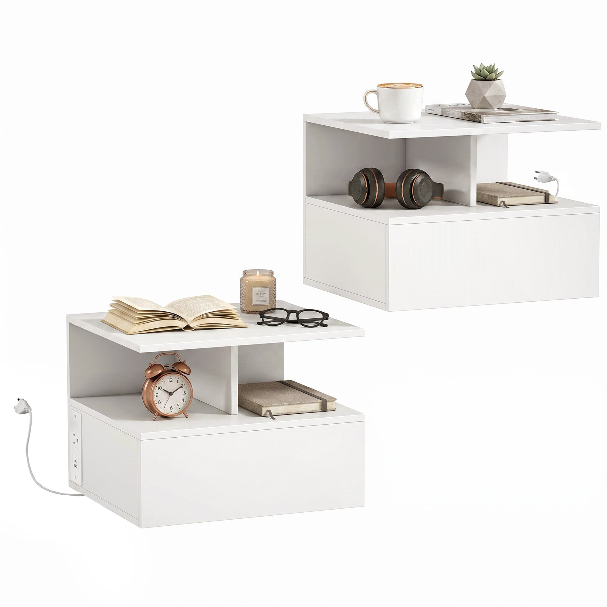 HOMCOM Small Floating Nightstand Set of 2 with Power Outlets, White