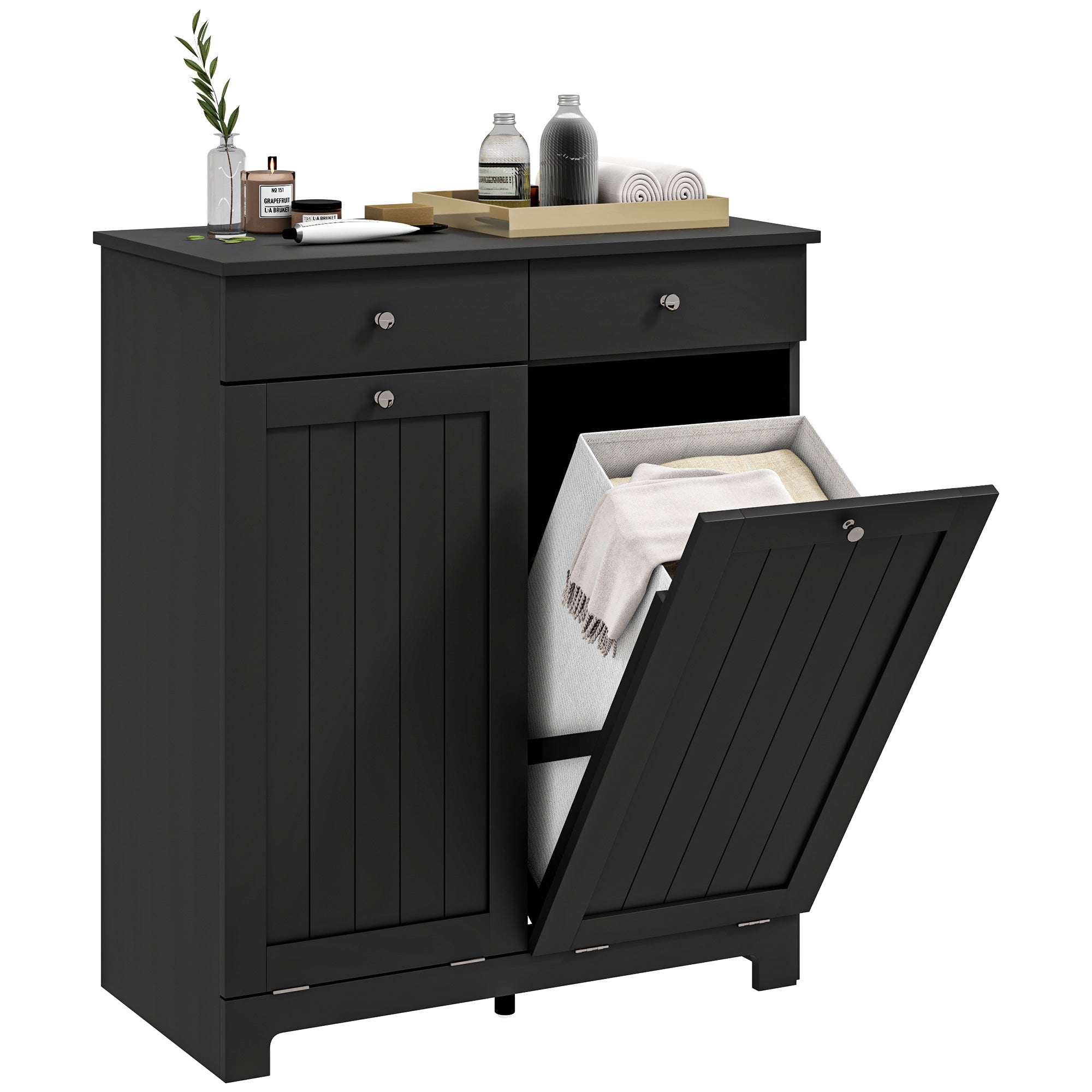 Tilt Out Laundry Hamper Cabinet with 2 Drawers and 2 Beadboard Doors ...