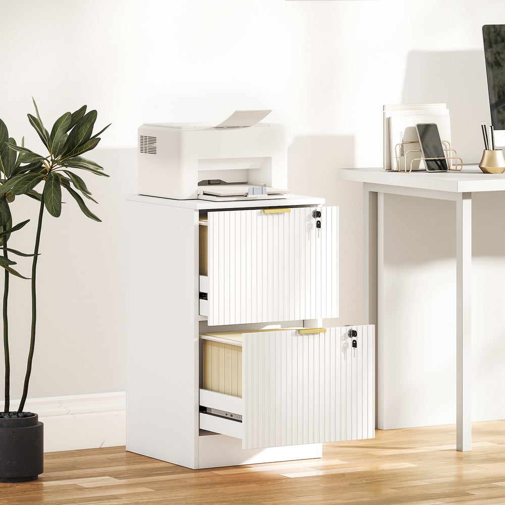 2 Drawer Fluted Filing Cabinet with Lock & Rails - White | HOMCOM